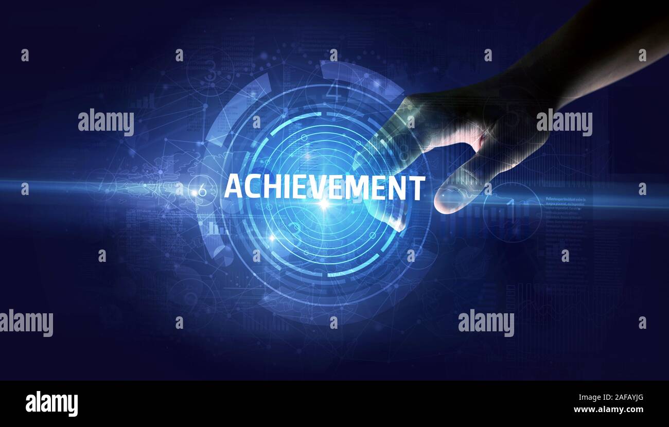 Hand touching ACHIEVEMENT button, modern business technology concept ...