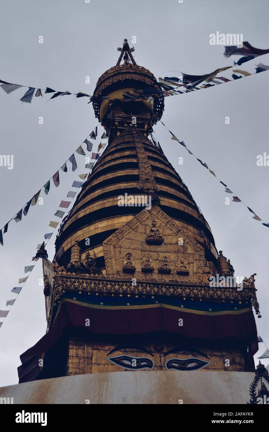 Golden tower in the Monkey Temple of Kathmandu Stock Photo - Alamy