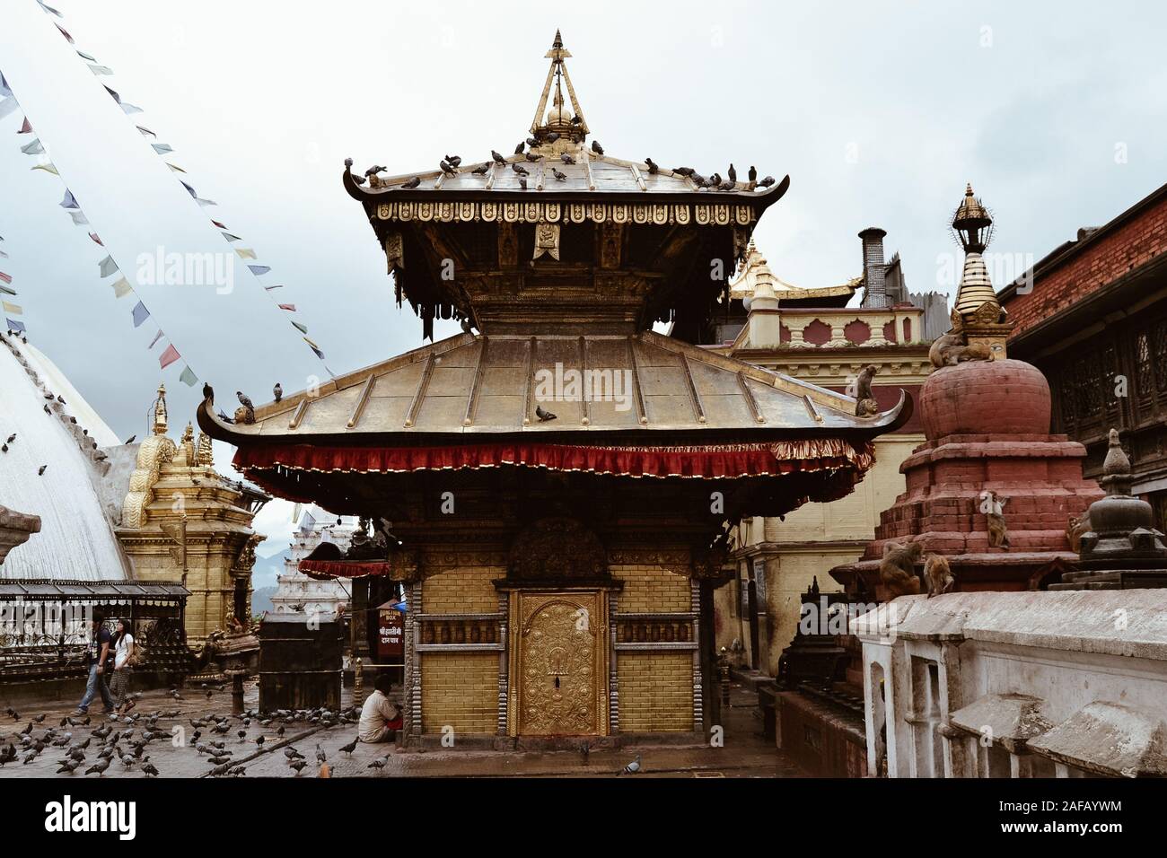Golden tower in the Monkey Temple of Kathmandu Stock Photo - Alamy