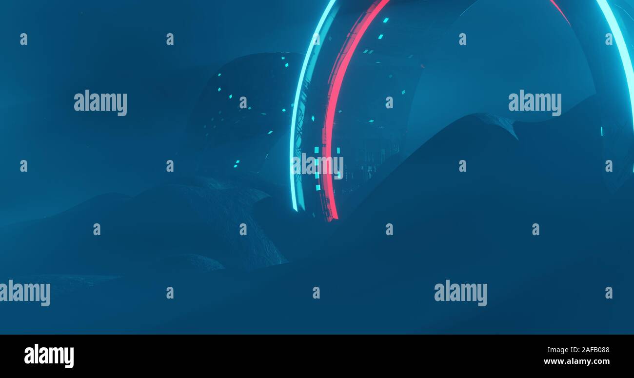 Blue Sunset on Alien Planet Rocky desert covered with a thick blue mist ...