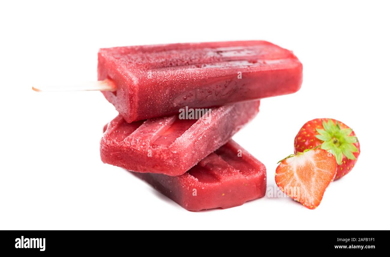 Strawberry Popsicles isolated on white background (detailed close-up ...