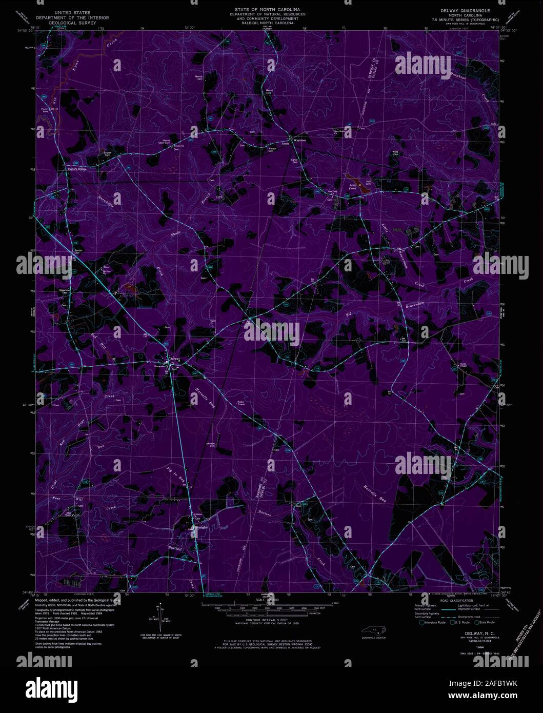 USGS TOPO Map North Carolina NC Delway 162391 1984 24000 Inverted ...
