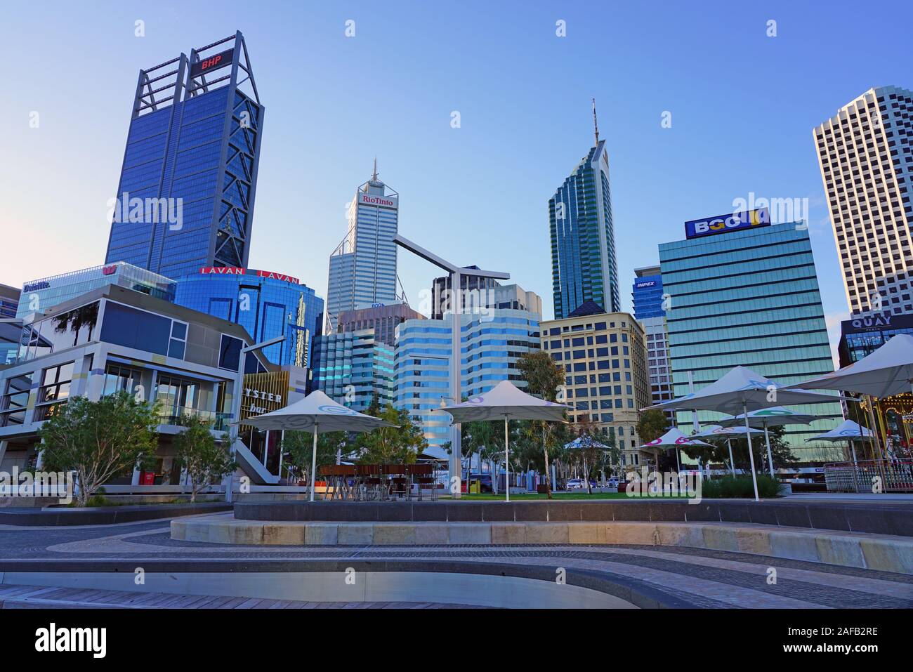 PERTH, AUSTRALIA -1 JUL 2019- View of the city of Perth skyline seen ...