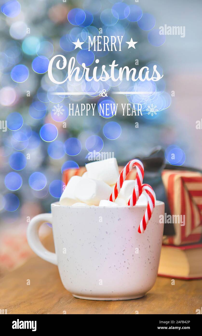 Christmas cocoa with marshmallows and candies. Selective focus. Holiday ...