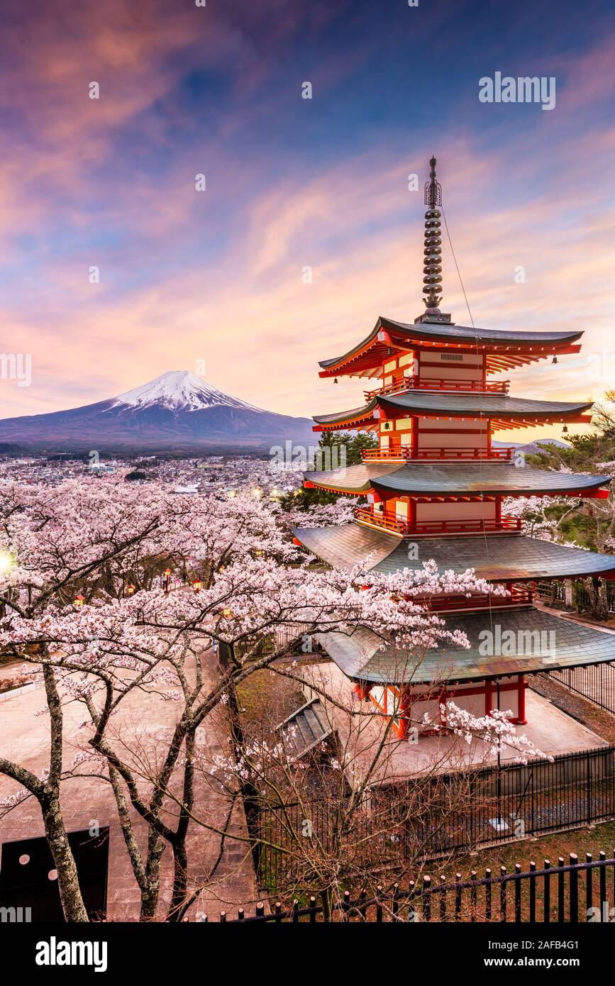 Fujiyoshida, Japan at Chureito Pagoda and Mt. Fuji in the spring with ...