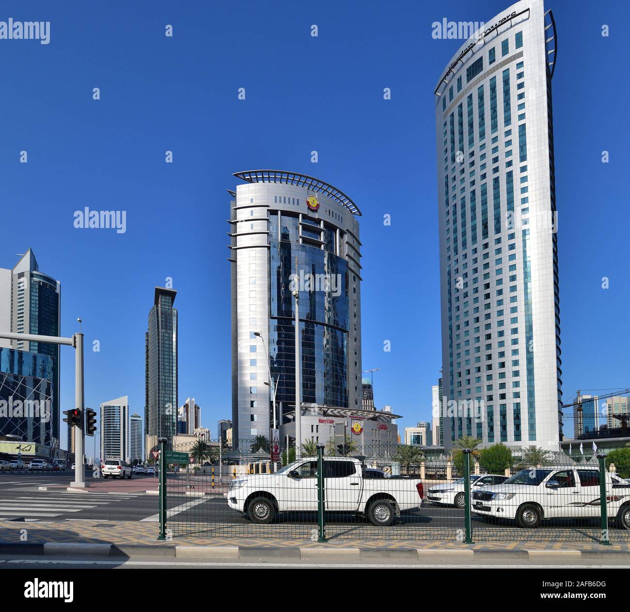 Doha, Qatar - Nov 24. 2019. Ministry of Jastice and other skyscrapers ...