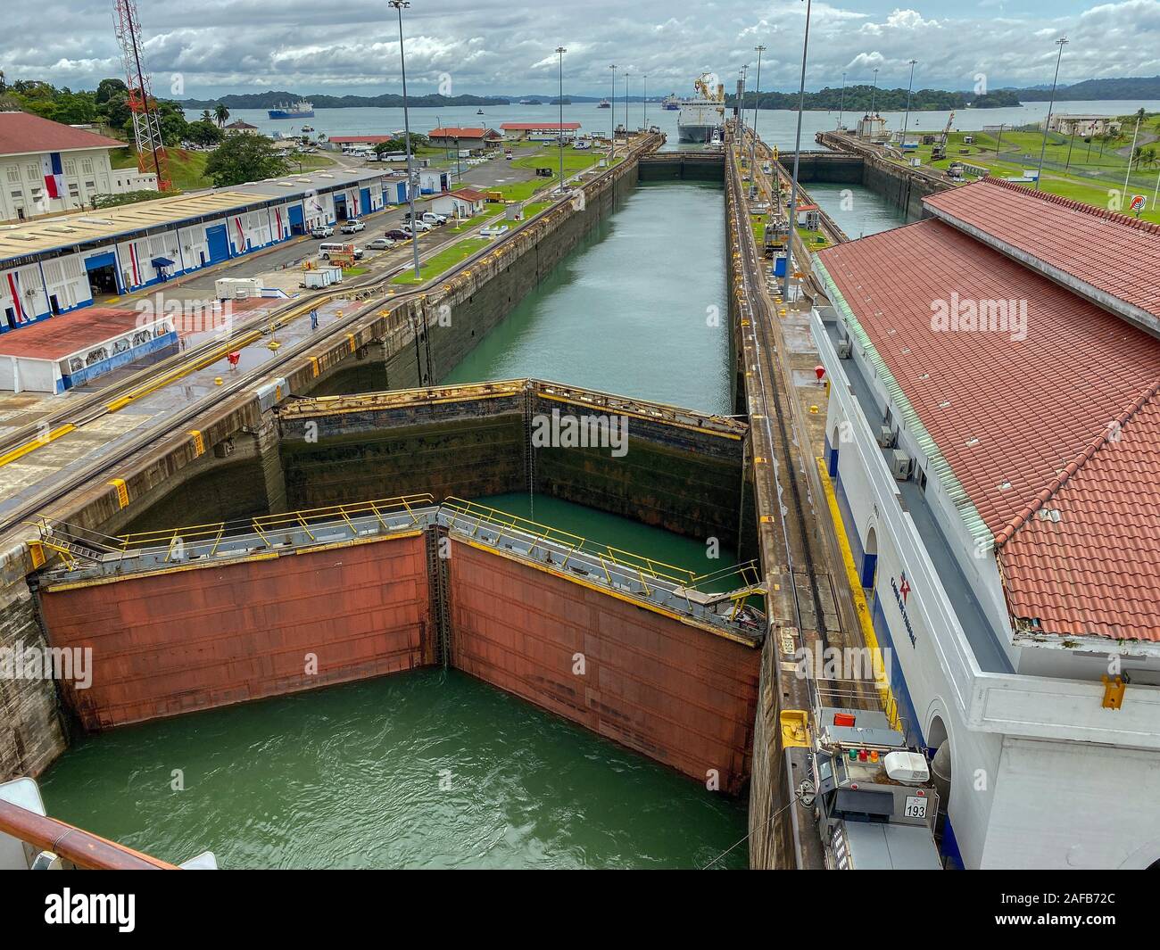 Panama - 11/6/19: A closeup view of the Panama Canal second locks ...