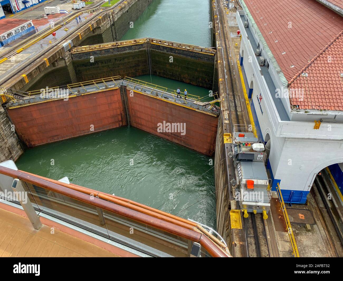 Panama - 11/6/19: A closeup view of the Panama Canal second locks ...