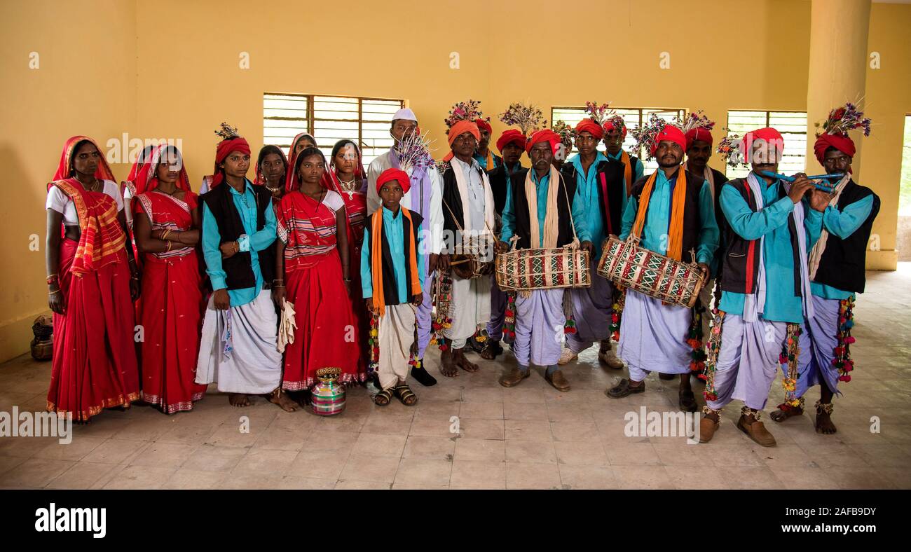 AMRAVATI, MAHARASHTRA, INDIA - AUGUST 9: Unidentified group of Korku ...