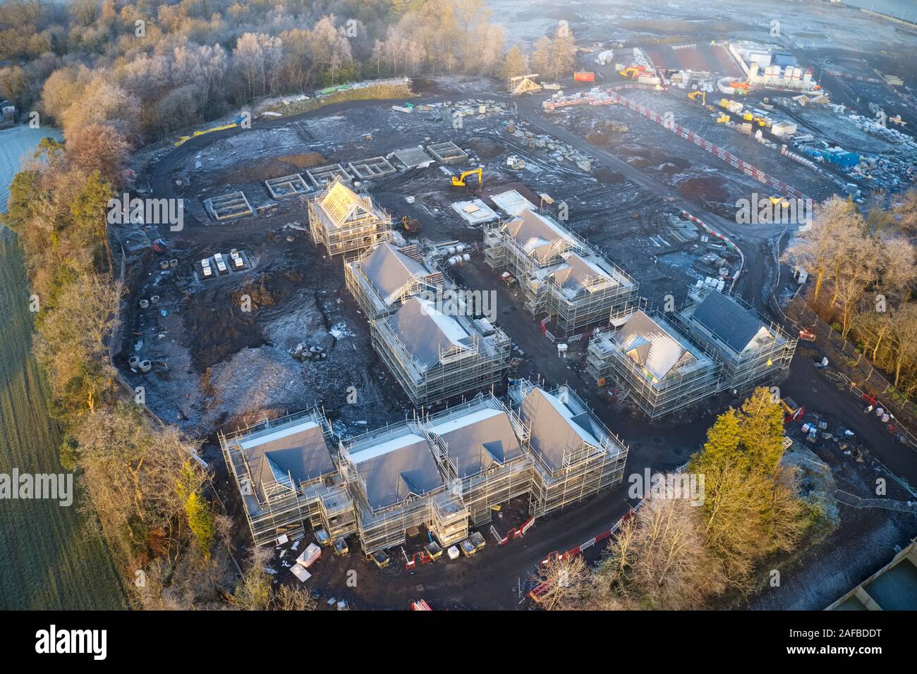 Housing development aerial view in construction on rural countryside ...