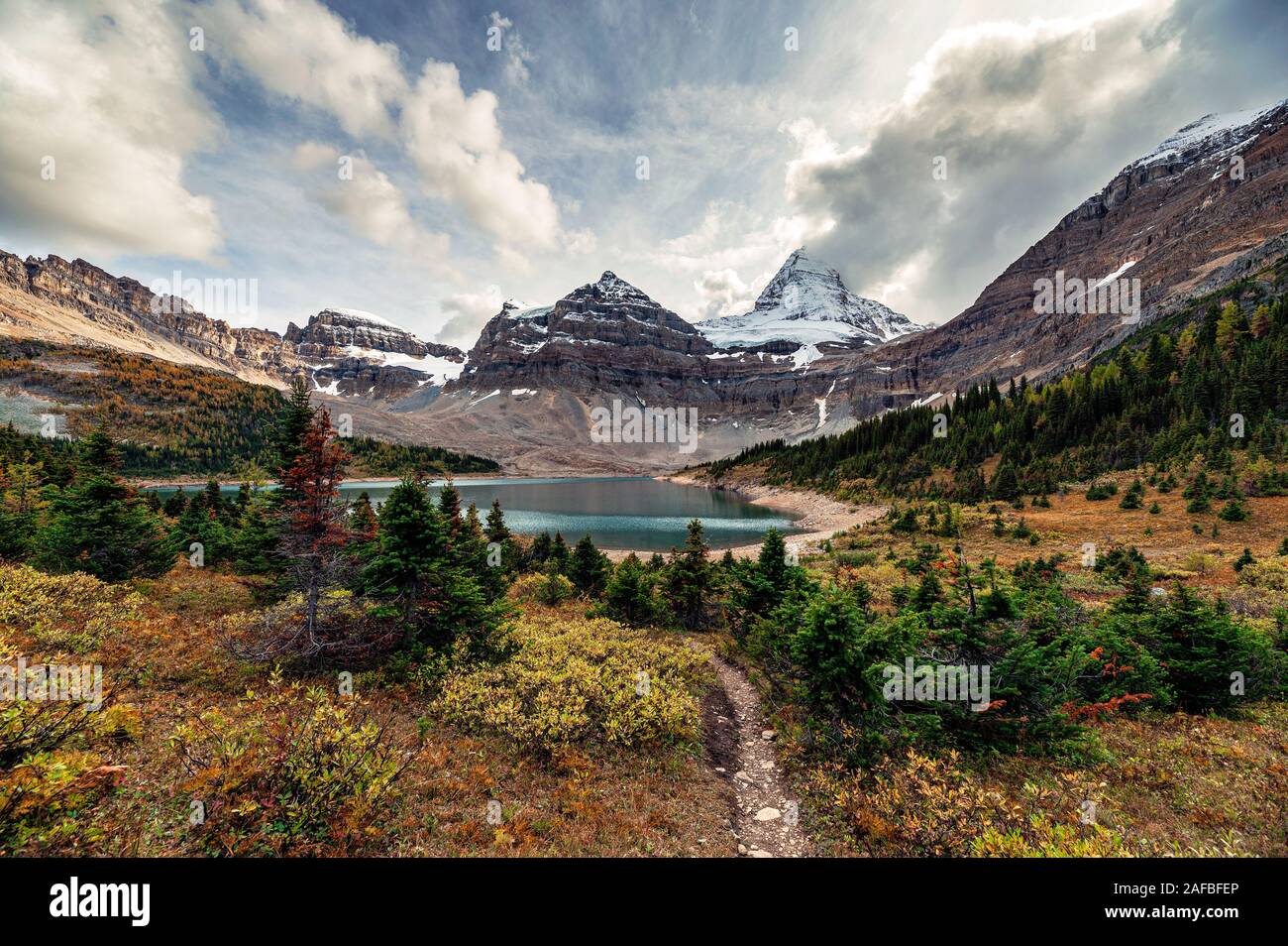 Mount Assiniboine with autumn forest at Lake Magog on provincial park ...