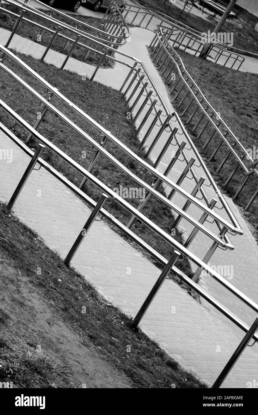 Metal railings roadside background view Black and White Stock Photos ...