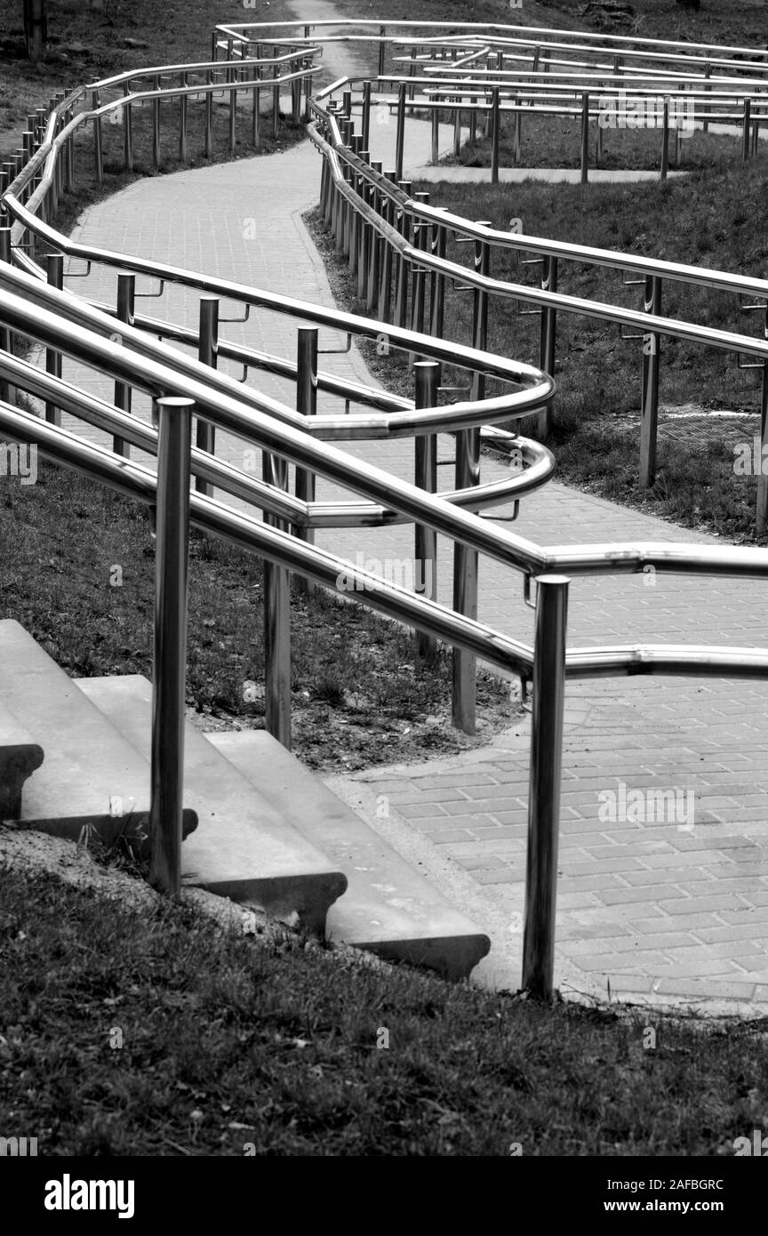 Metal railings roadside background view Black and White Stock Photos ...