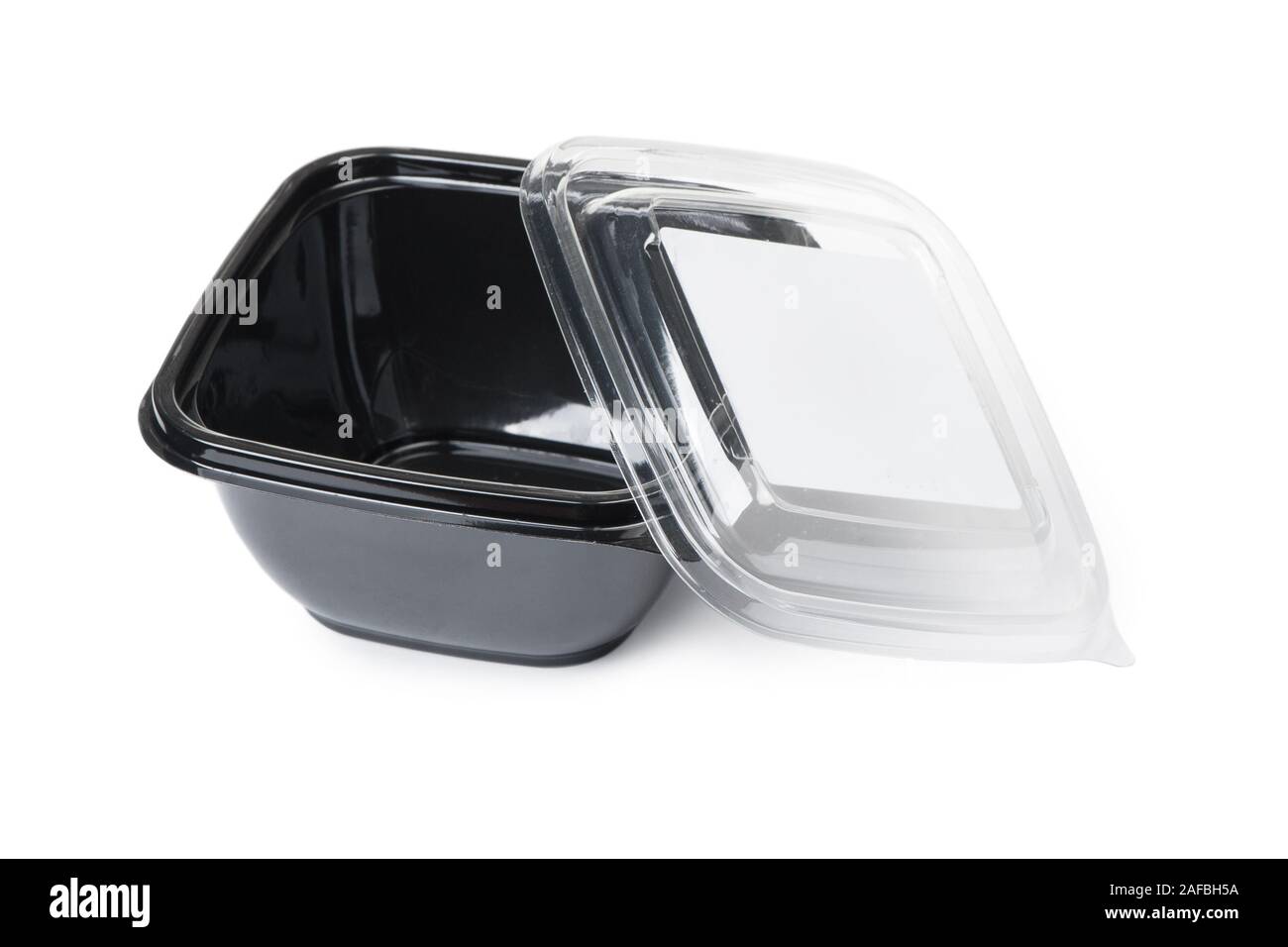 Empty black plastic disposable take out container for food isolated on ...