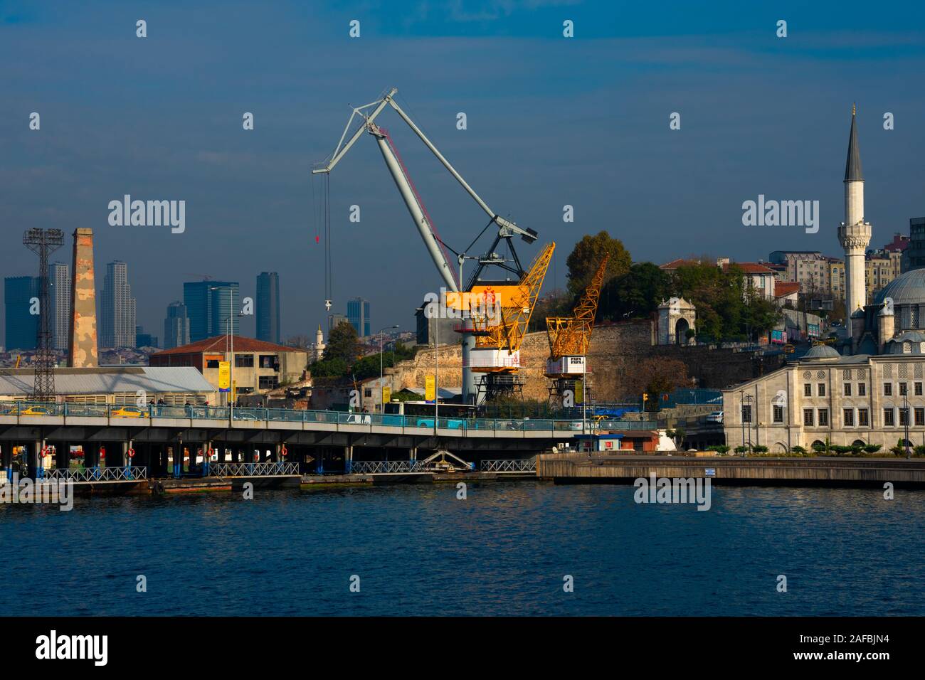 Istanbul, Turkey. November 21, 2019. Ataturk Bridge and a crane. Golden ...