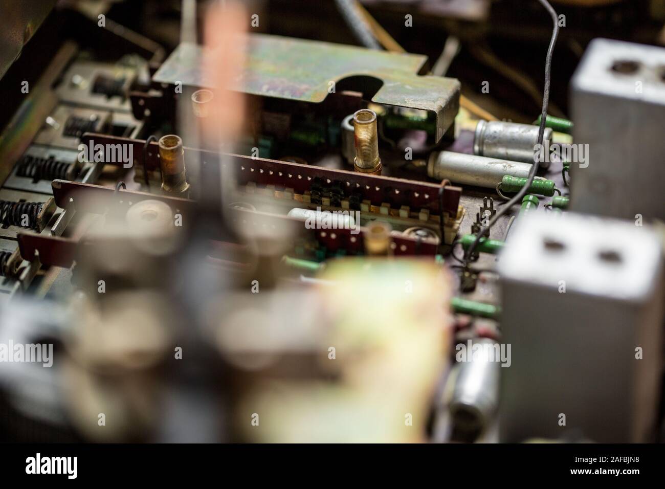 old tube chips with vintage transistors and resistors. small focusing ...