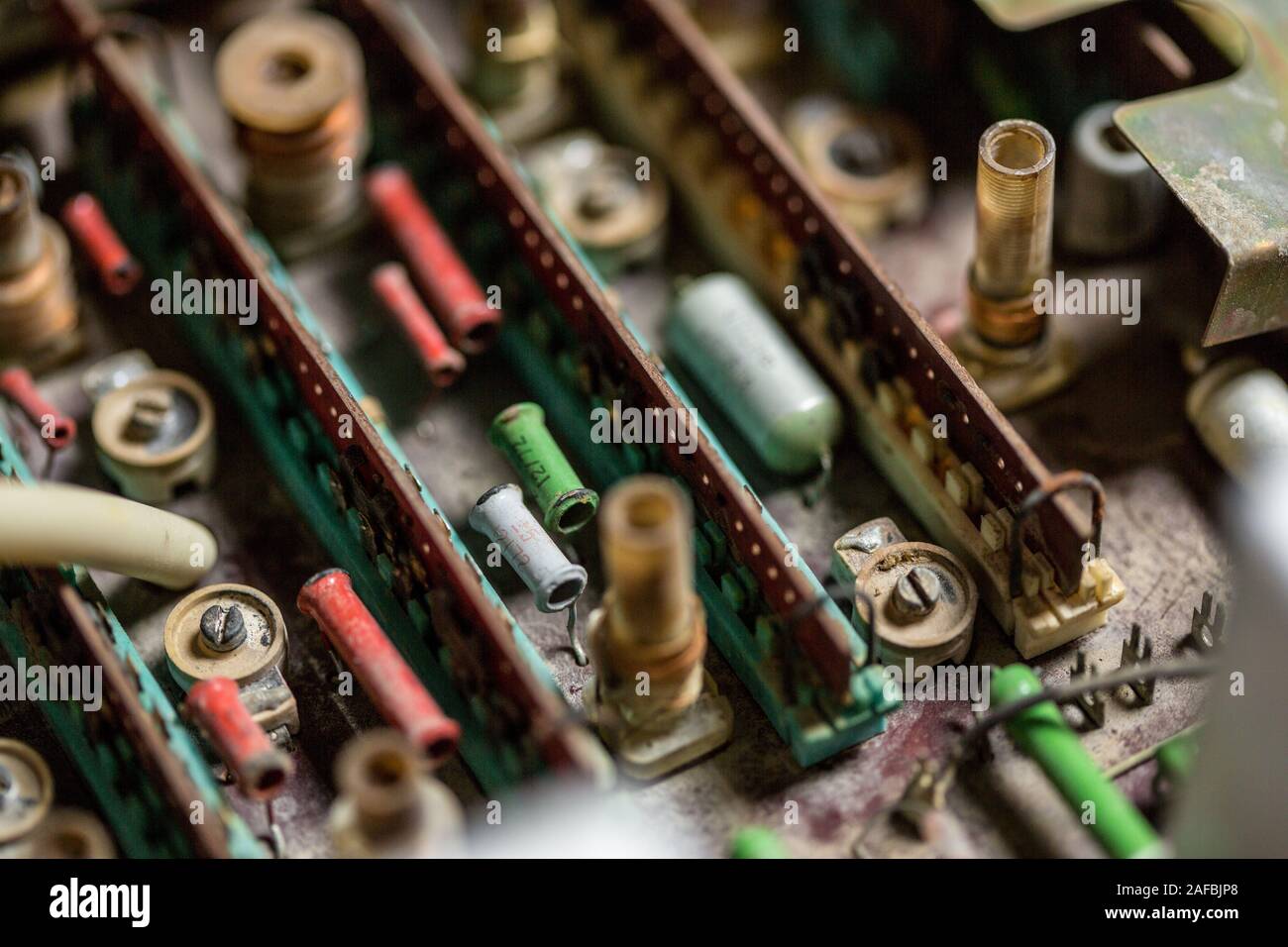 old tube chips with vintage transistors and resistors. small focusing ...
