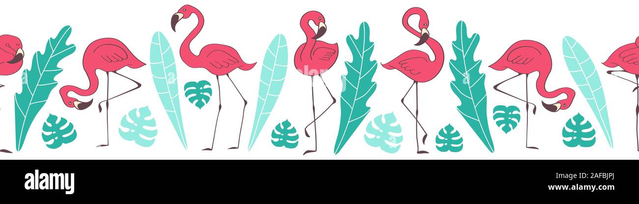 Seamless horizontal border with cute hand drawn flamingos. Exotic birds ...
