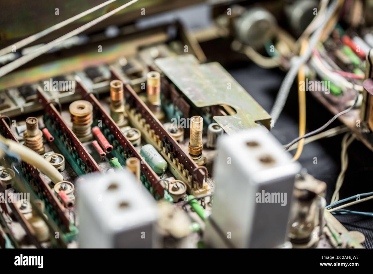 old tube chips with vintage transistors and resistors. small focusing ...