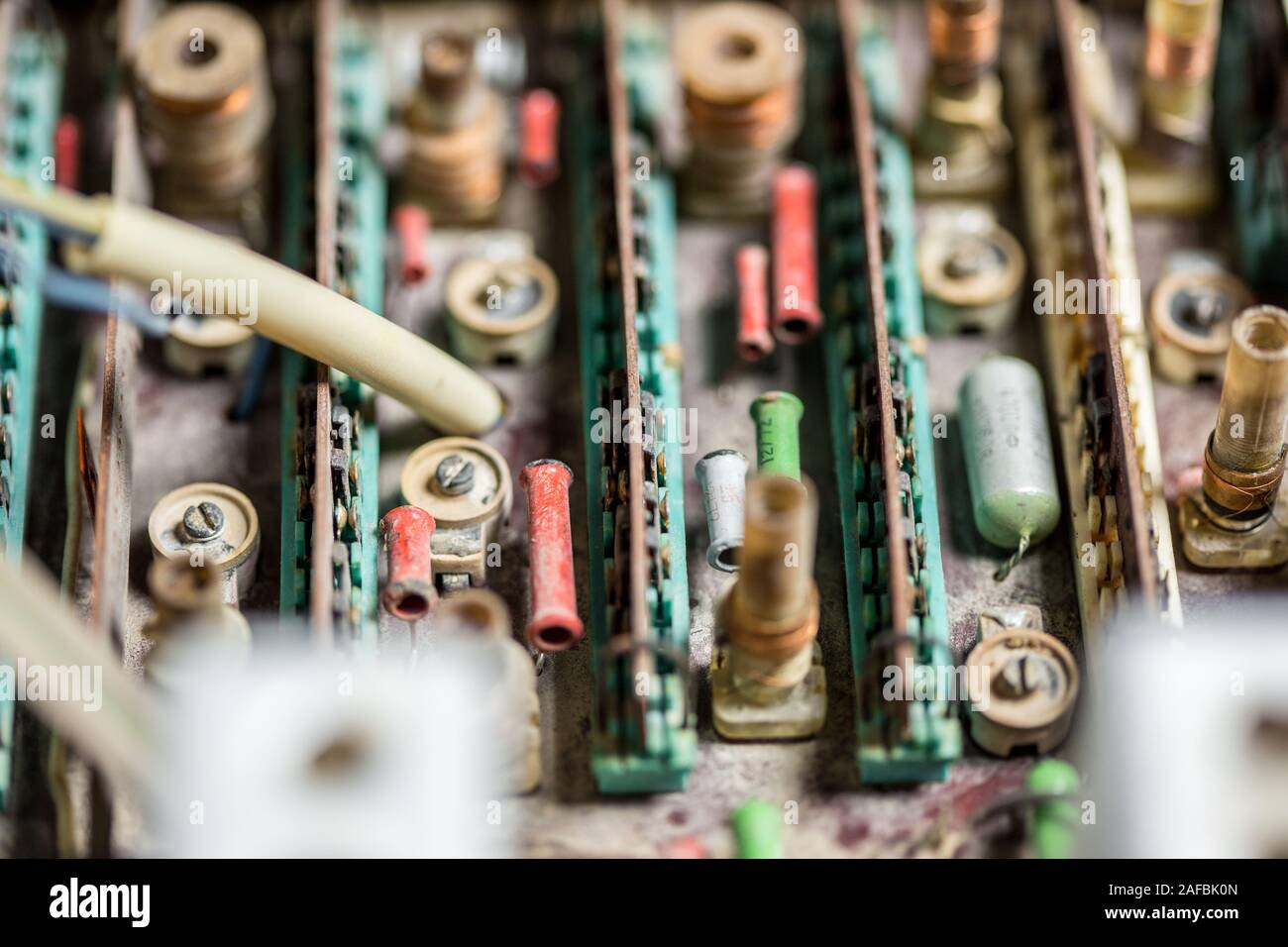 old tube chips with vintage transistors and resistors. small focusing ...