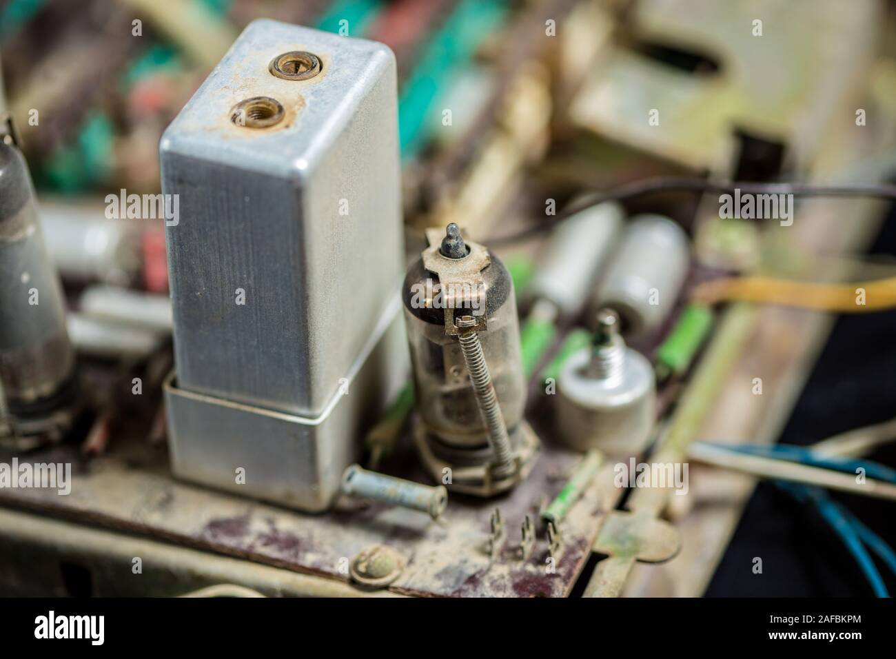 old tube chips with vintage transistors and resistors. small focusing ...