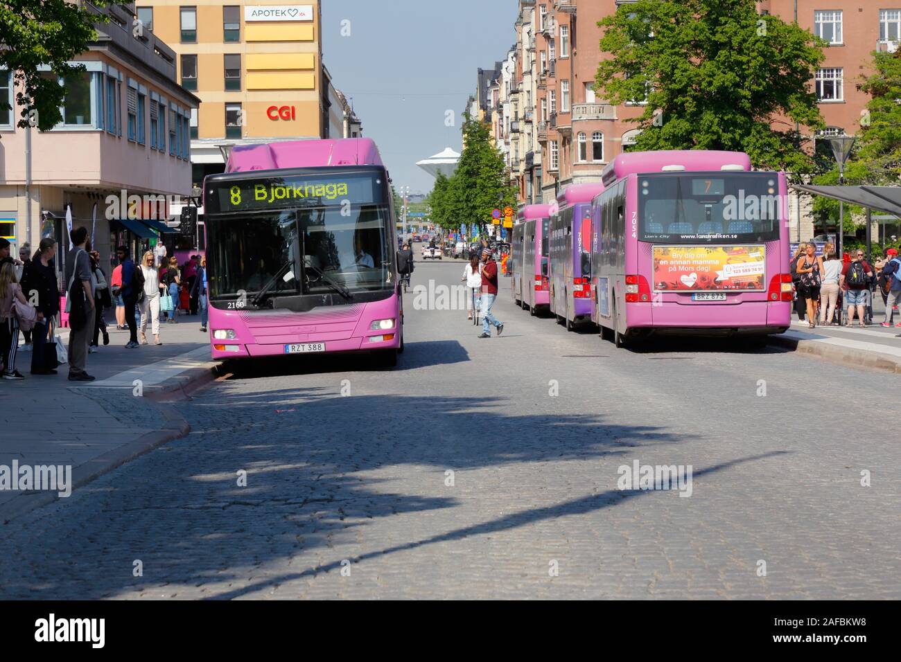 Orebro, Sweden - May 22, 2019: Violet city busses at the Jarntorget ...