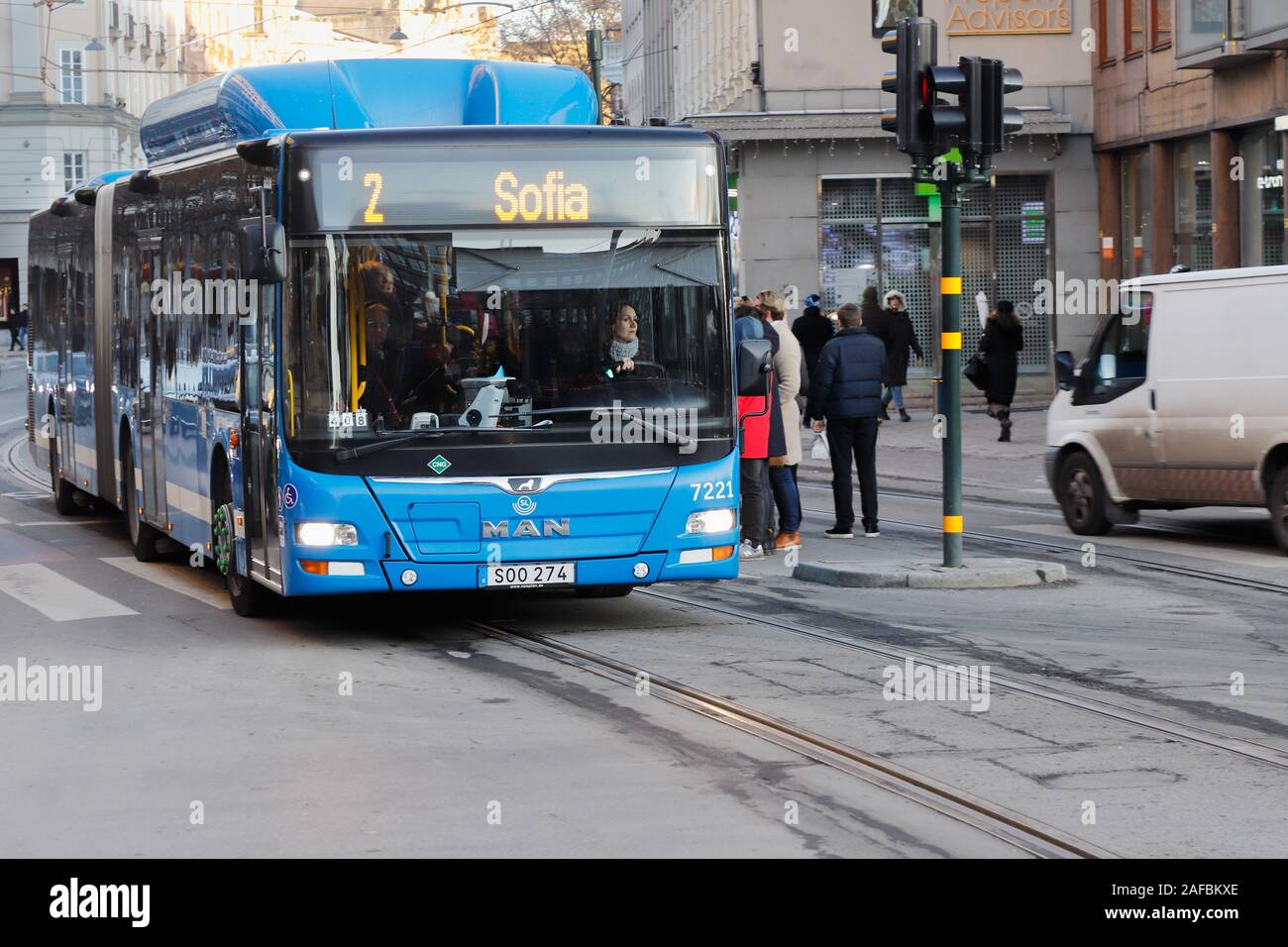 Stockholm, Sweden - November 30, 2019: Blue articulated CNG fuled ...