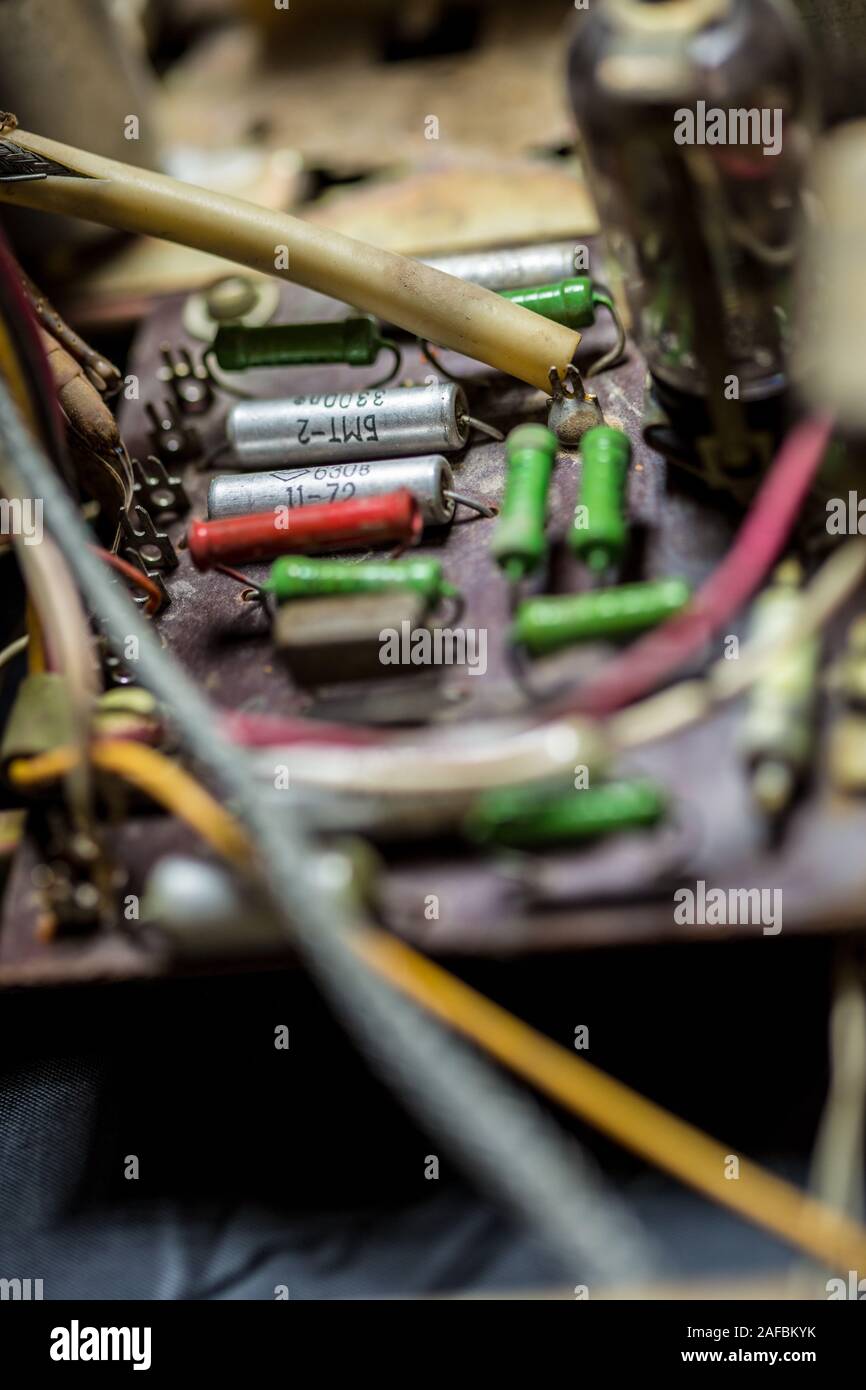 old tube chips with vintage transistors and resistors. small focusing ...