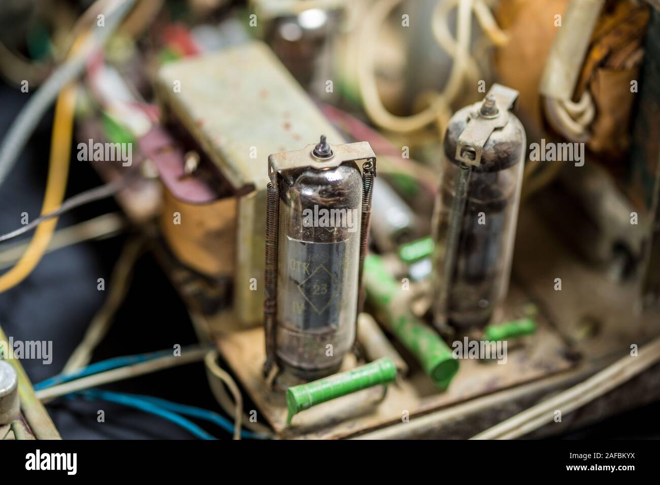 old tube chips with vintage transistors and resistors. small focusing ...