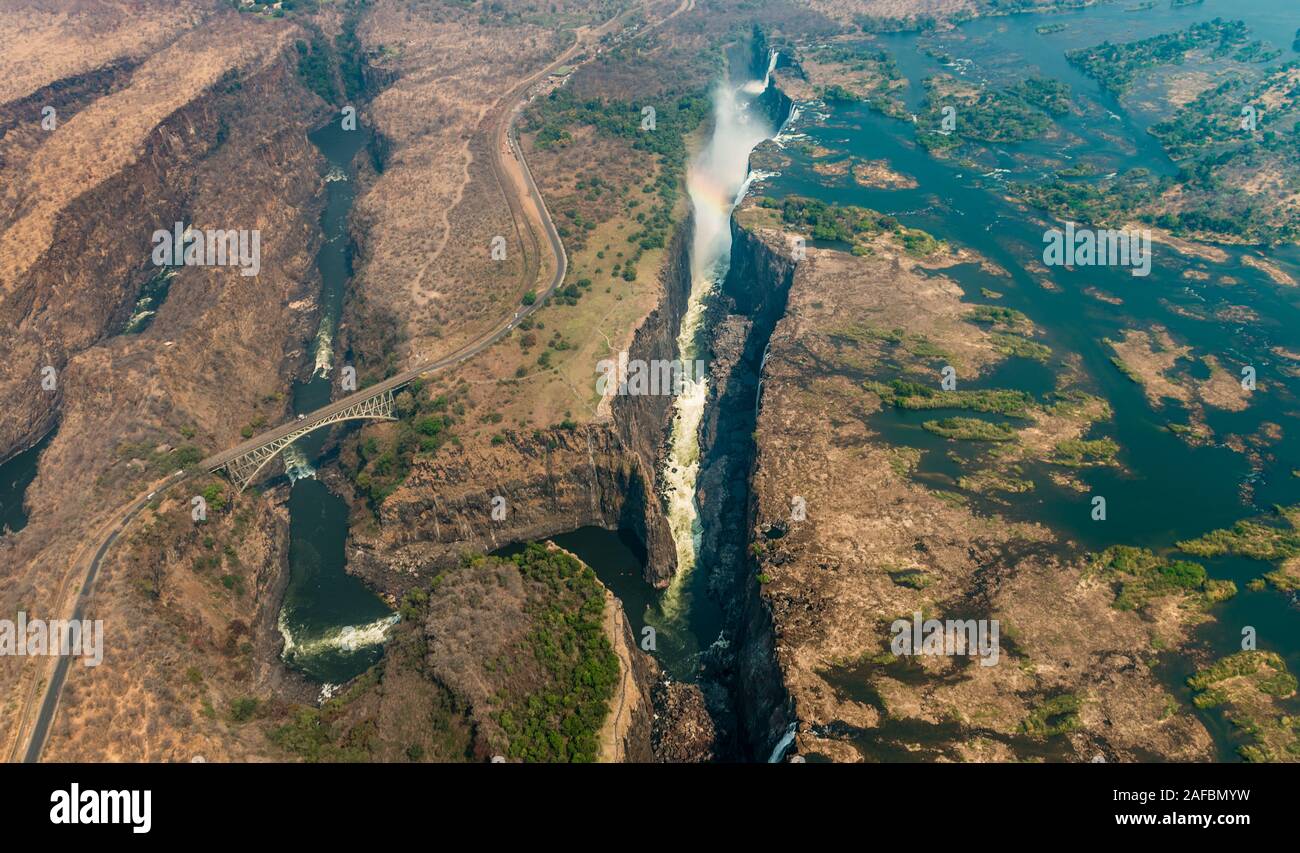 Victoria Falls at drought near Livingstone, Zimbabwe, as aerial shot ...