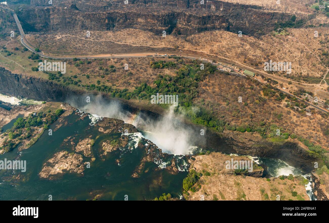Victoria Falls in Zimbabe at dry time as aerial shot made out of a ...