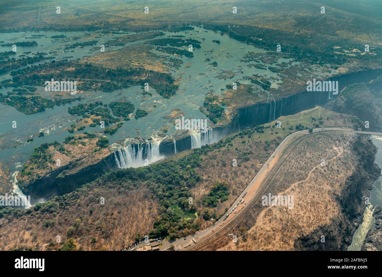 Victoria Falls in Zimbabe at dry time as aerial shot made out of a ...