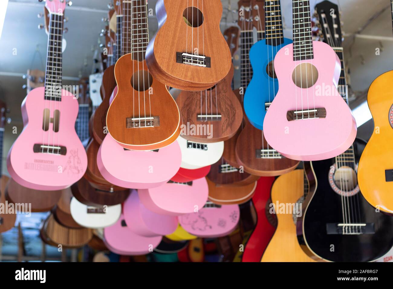 Guitars for sale hanging from the ceiling inside the store Stock Photo ...