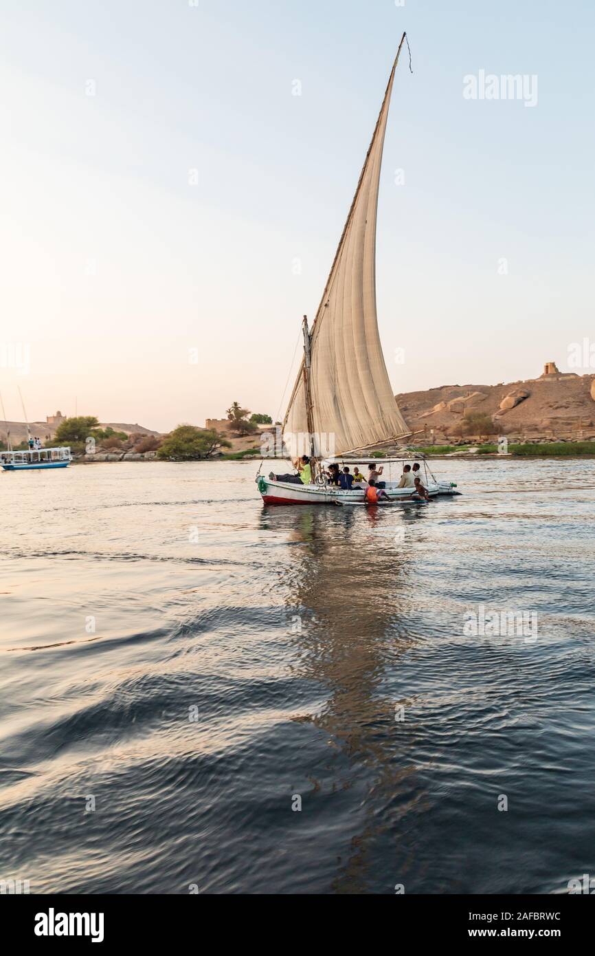 Africa, Egypt, Aswan. October 8, 2018. A felucca, a traditional wooden ...