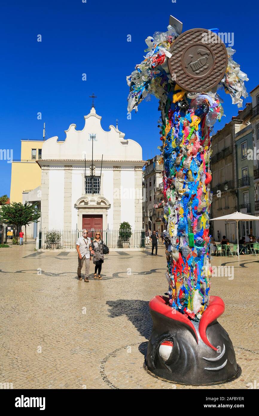 Sculpture & Church on Martim Moniz Square, Lisbon, Portugal Stock Photo ...