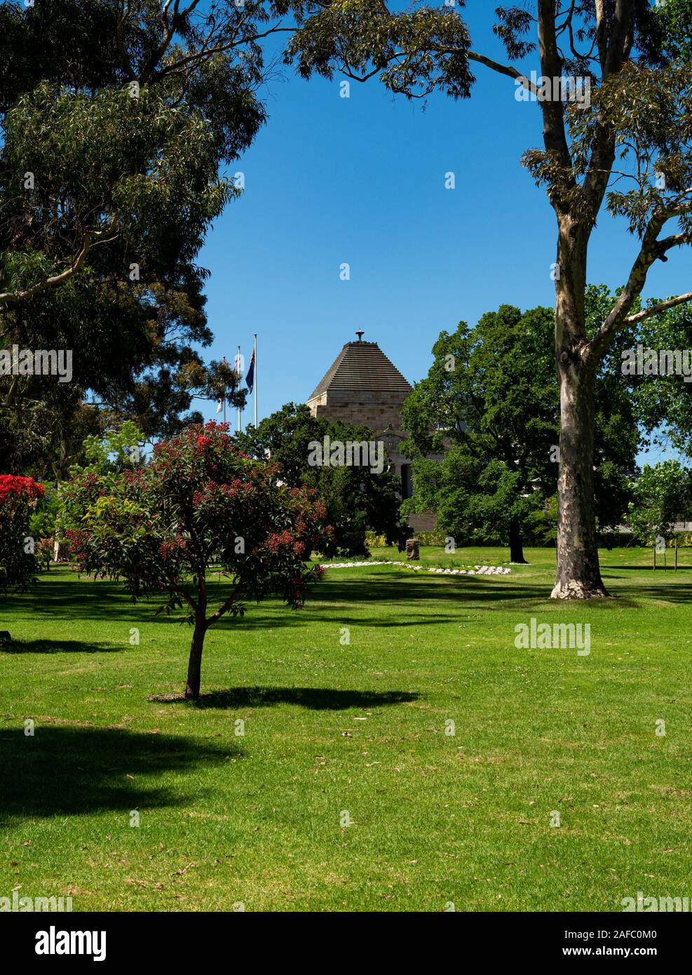 Kings Domain park with view of summit of the Shrine of Remembrance ...