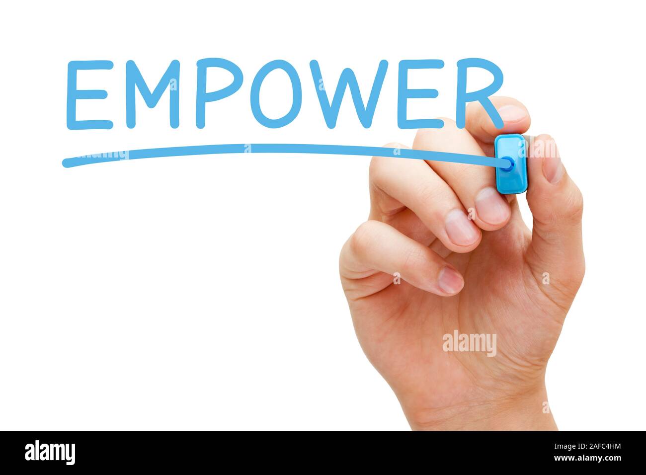 Hand writing the word Empower with blue marker on transparent wipe ...