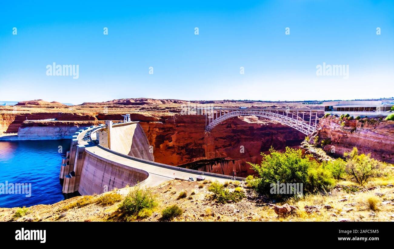 The Glen Canyon Dam with Lake Powell behind the dam, created by the ...