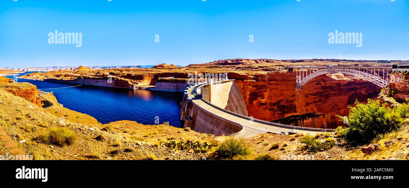 The Glen Canyon Dam with Lake Powell behind the dam, created by the ...