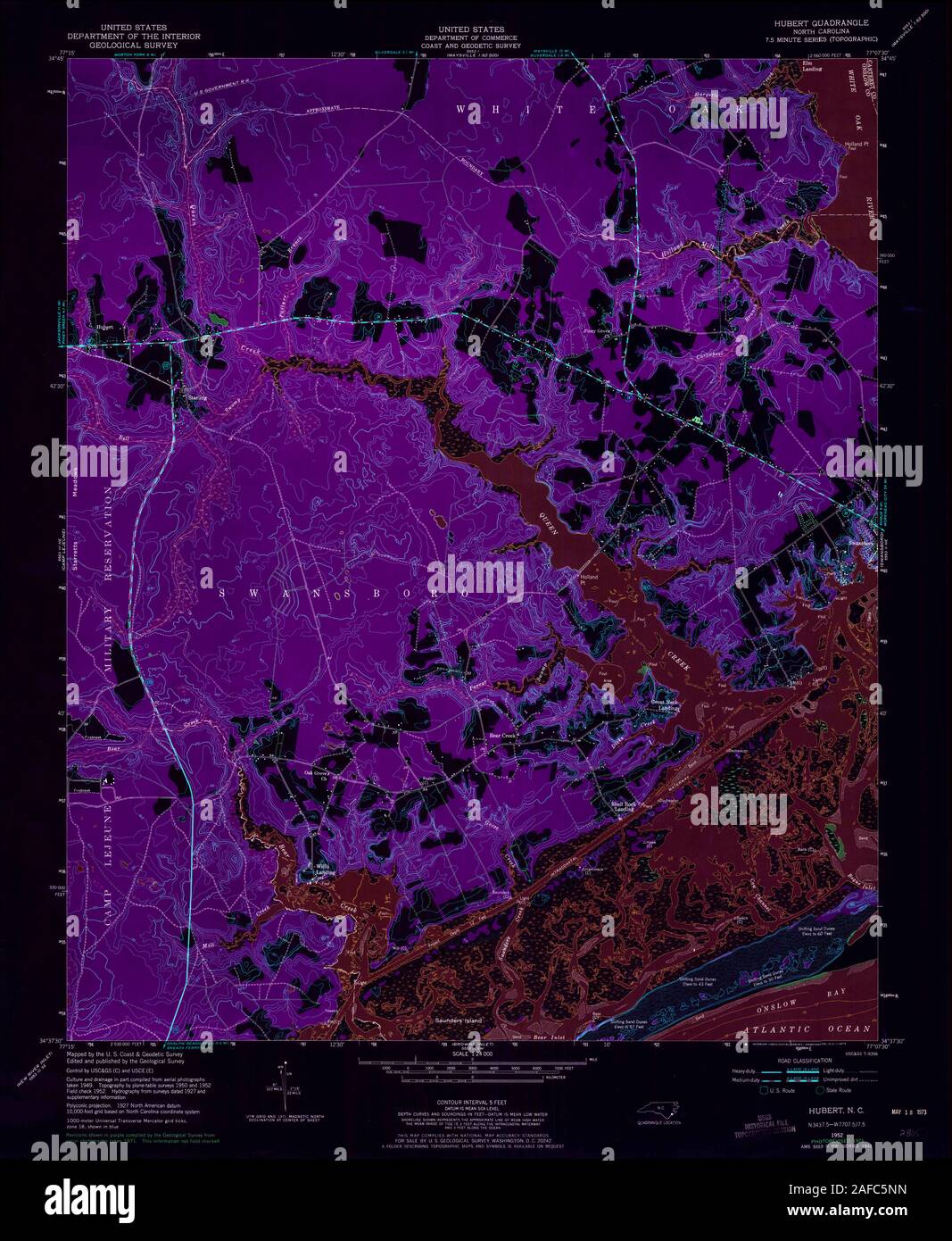 USGS TOPO Map North Carolina NC Hubert 162705 1952 24000 Inverted ...