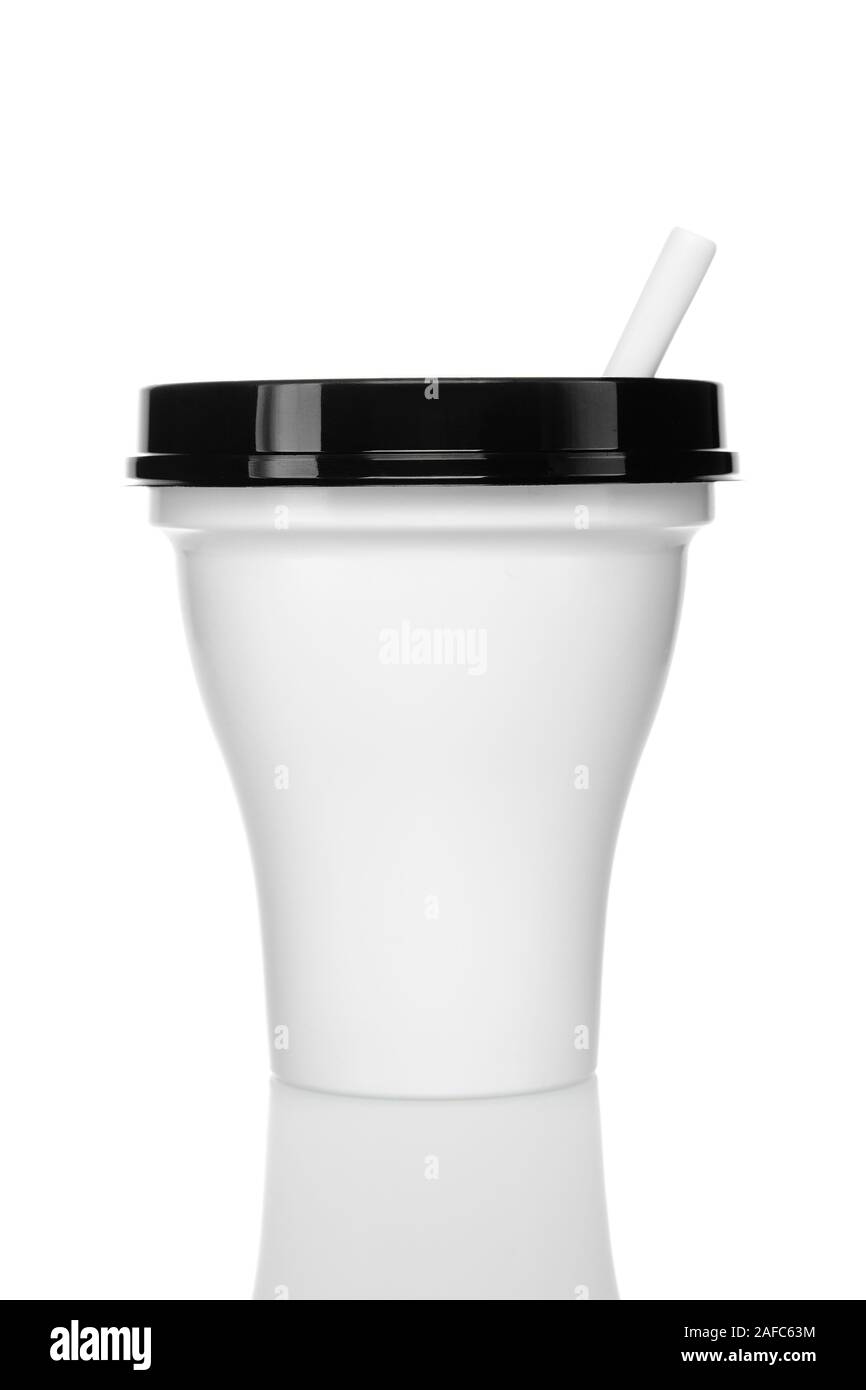 white plastic disposable Cup with black lid and drinking tube isolated ...