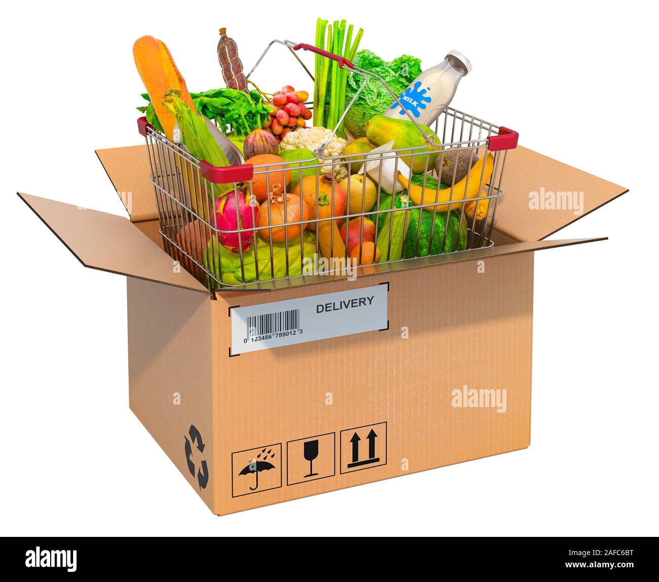 Order products concept. Shopping basket full of products inside parcel ...