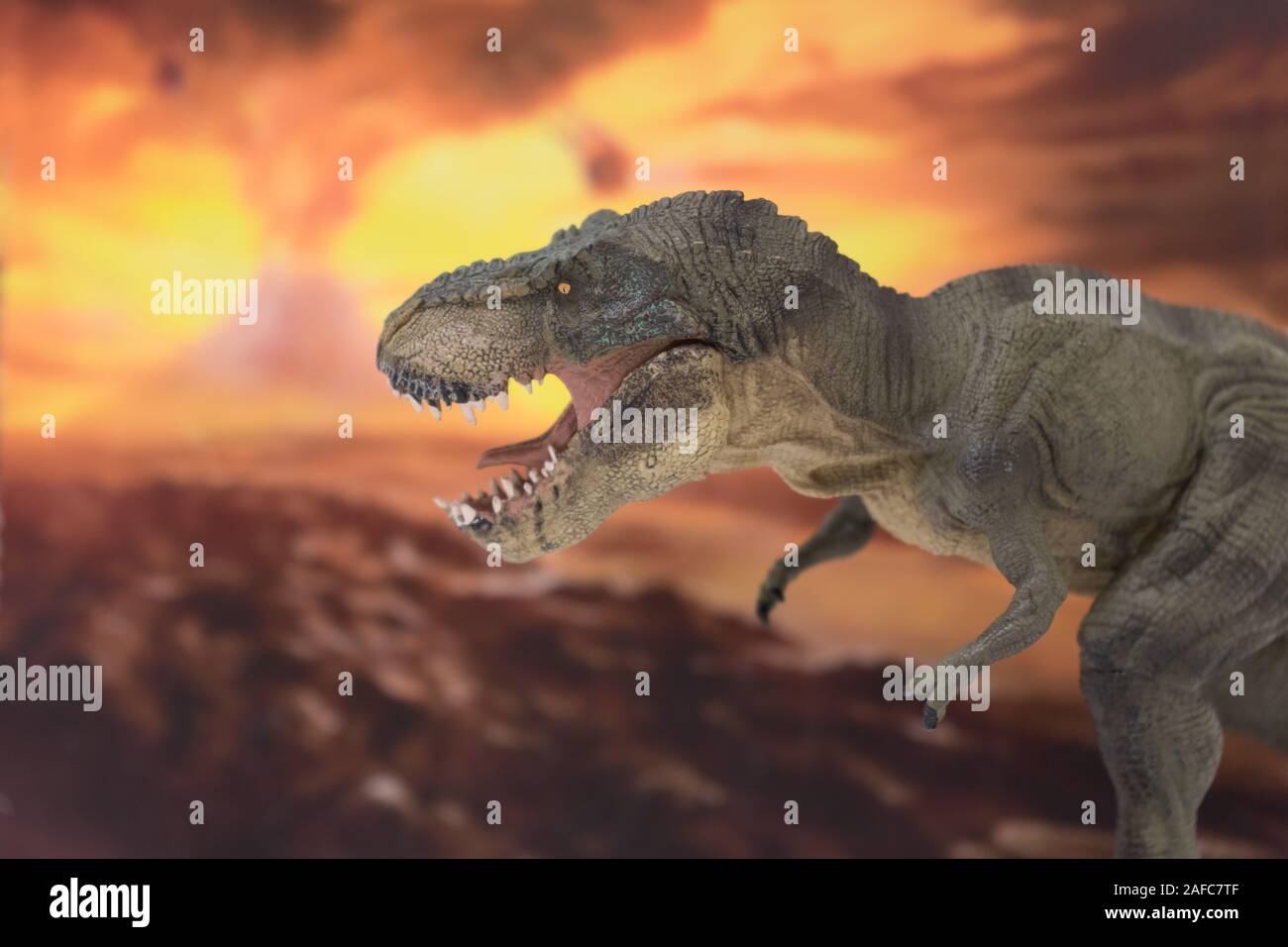 Portrait of walking and dangerous tyrannosaurus rex with erupting ...
