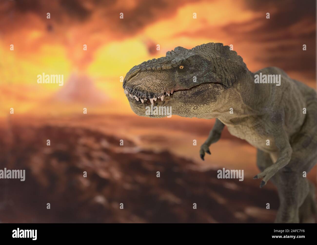 Portrait of walking and dangerous tyrannosaurus rex with erupting ...