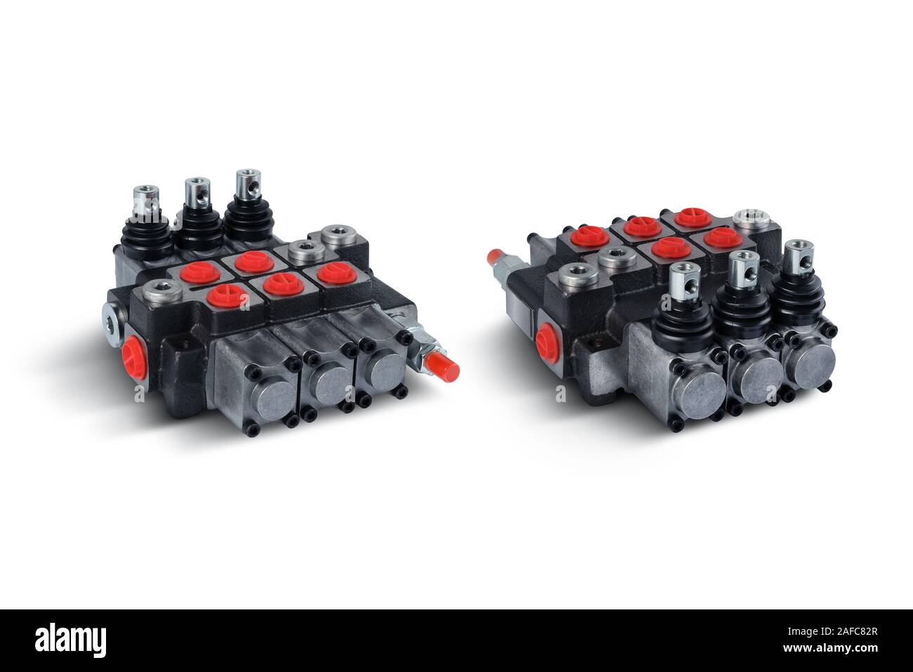 Three section Hydraulic distributor of the tractor on isolated white ...