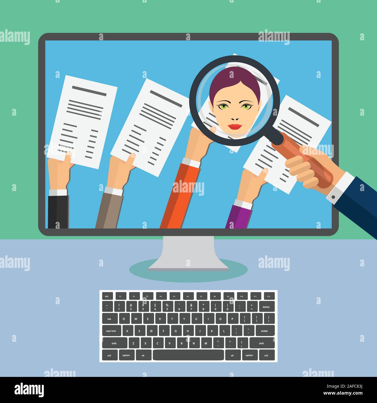 Computer screen with hands holding CVs, conceptual vector Stock Vector ...