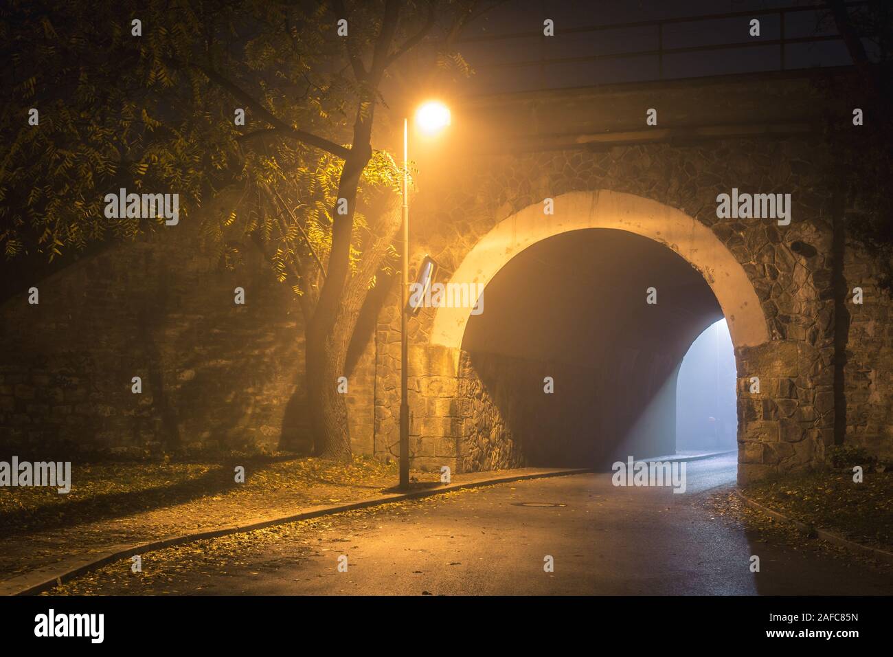 The Tunnel. Way out with spooky mist and fog at night. Single lamp and ...