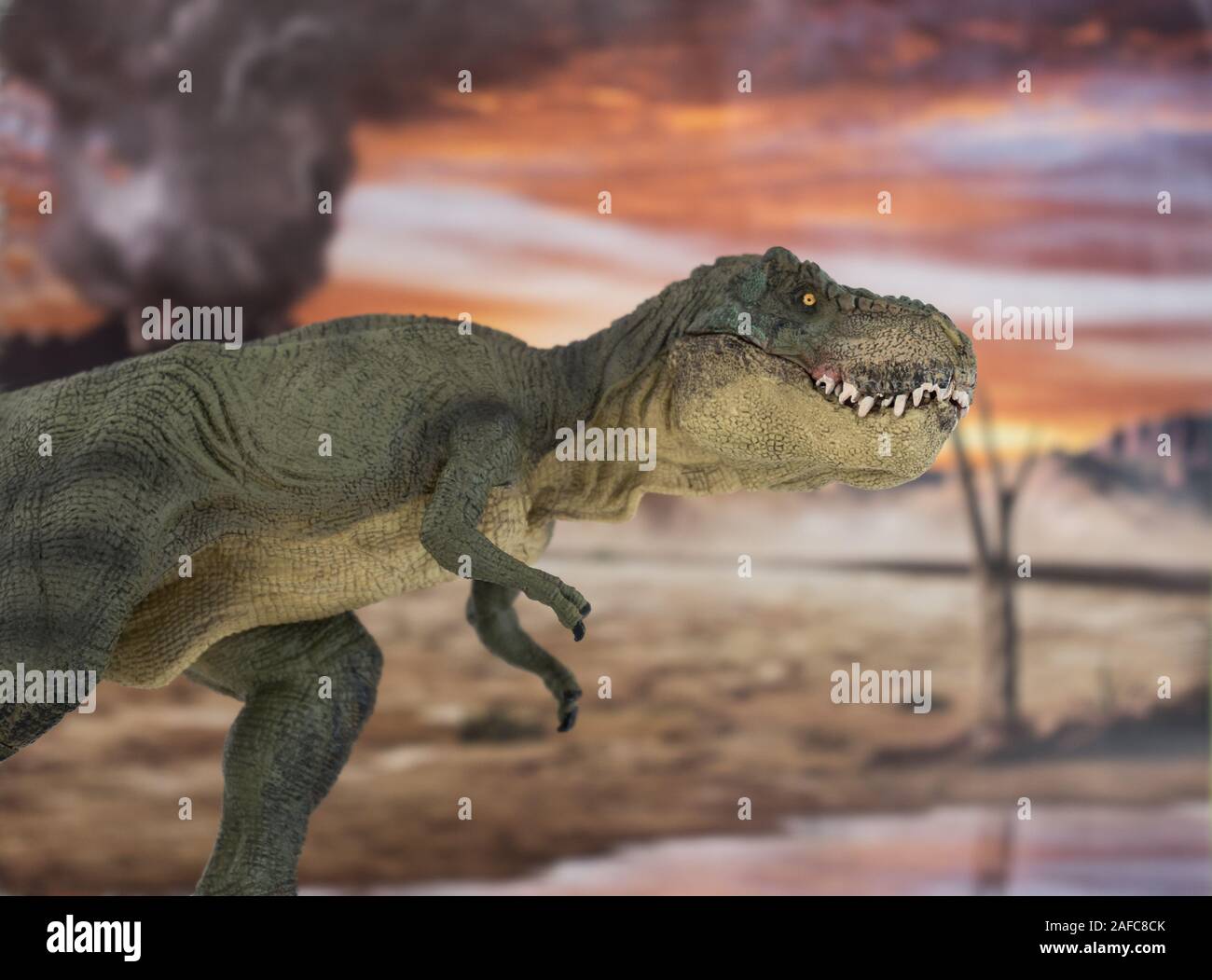 Portrait of walking and dangerous tyrannosaurus rex with erupting ...