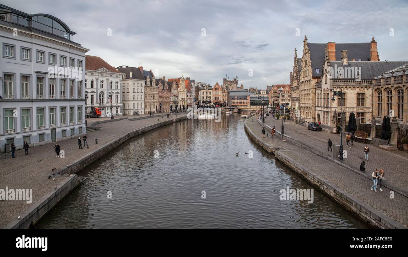 Ghent architecture by Leie canals Stock Photo - Alamy