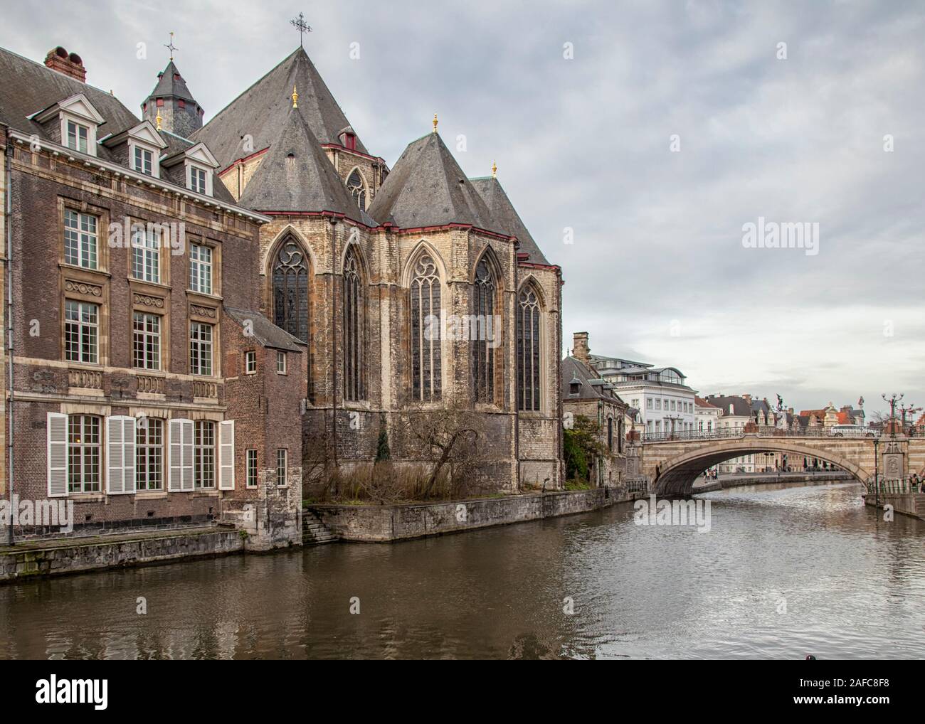 Ghent architecture by Leie canals Stock Photo - Alamy